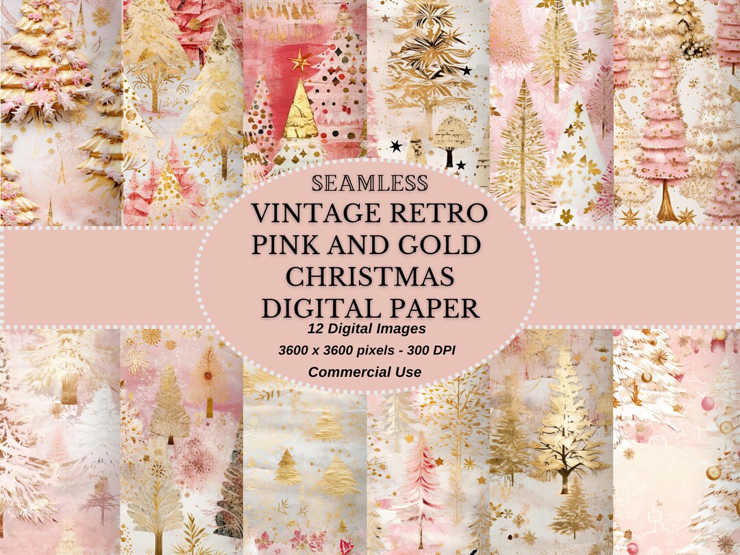 Printable Pink and Gold Christmas Digital Paper: Downloadable Vintage ...