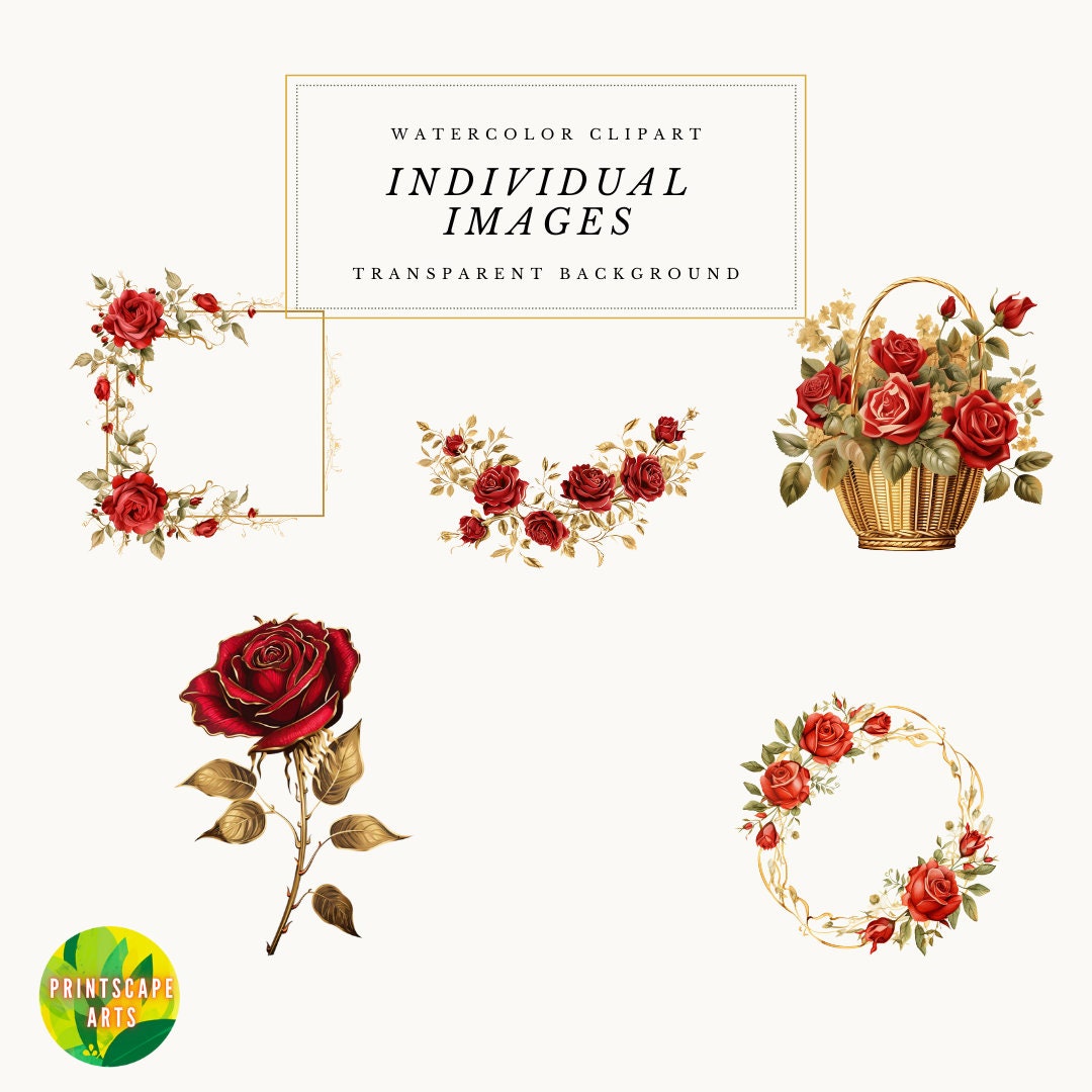 Elegant Red Gold Rose Clipart Digital Floral Graphics for Invitations ...