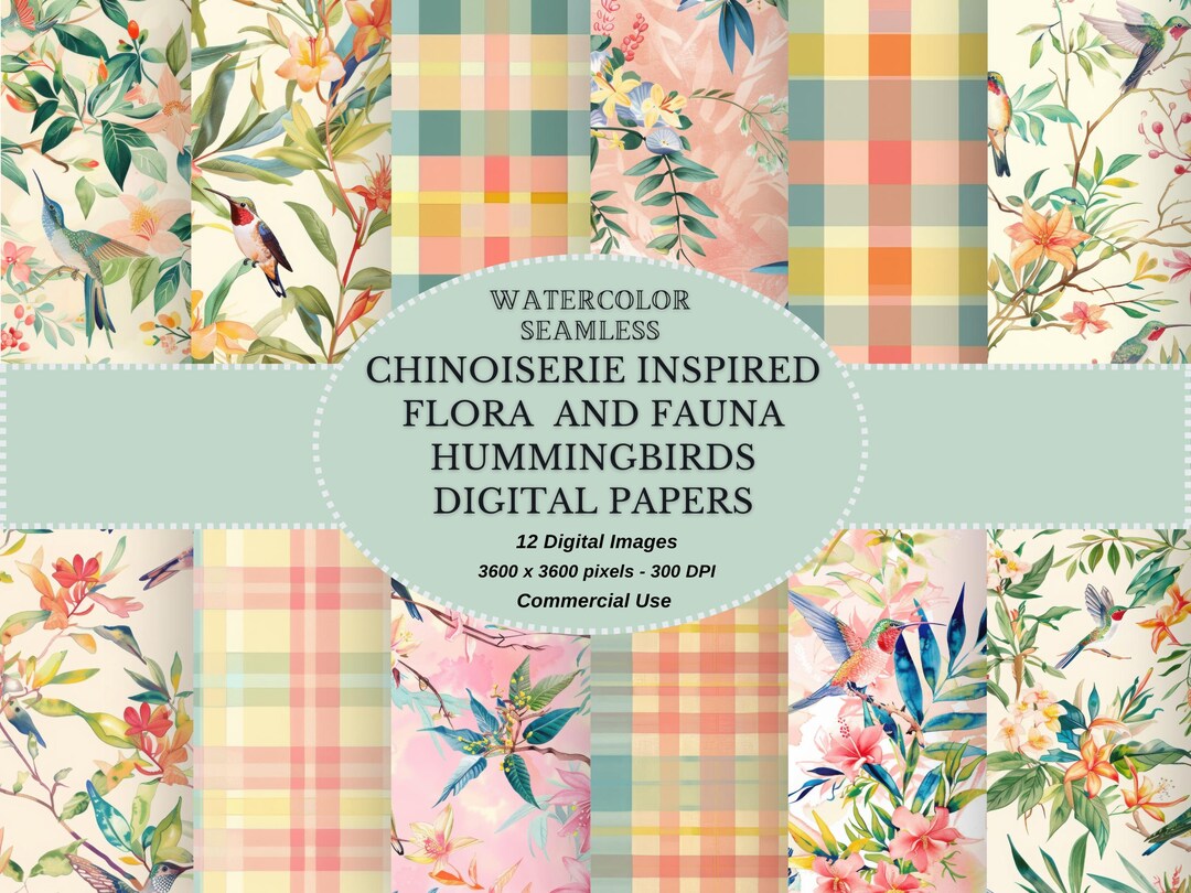 Papel digital inspirado em chinoiserie com beija-flores em pastel suave ...