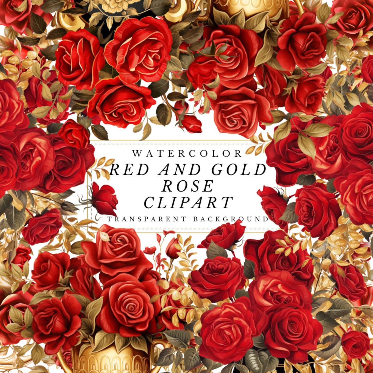 Elegant Red Gold Rose Clipart Digital Floral Graphics for Invitations ...