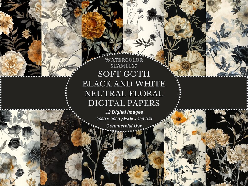 Seamless Digital Paper Moody Dark Florals: Soft Goth Floral Pattern ...