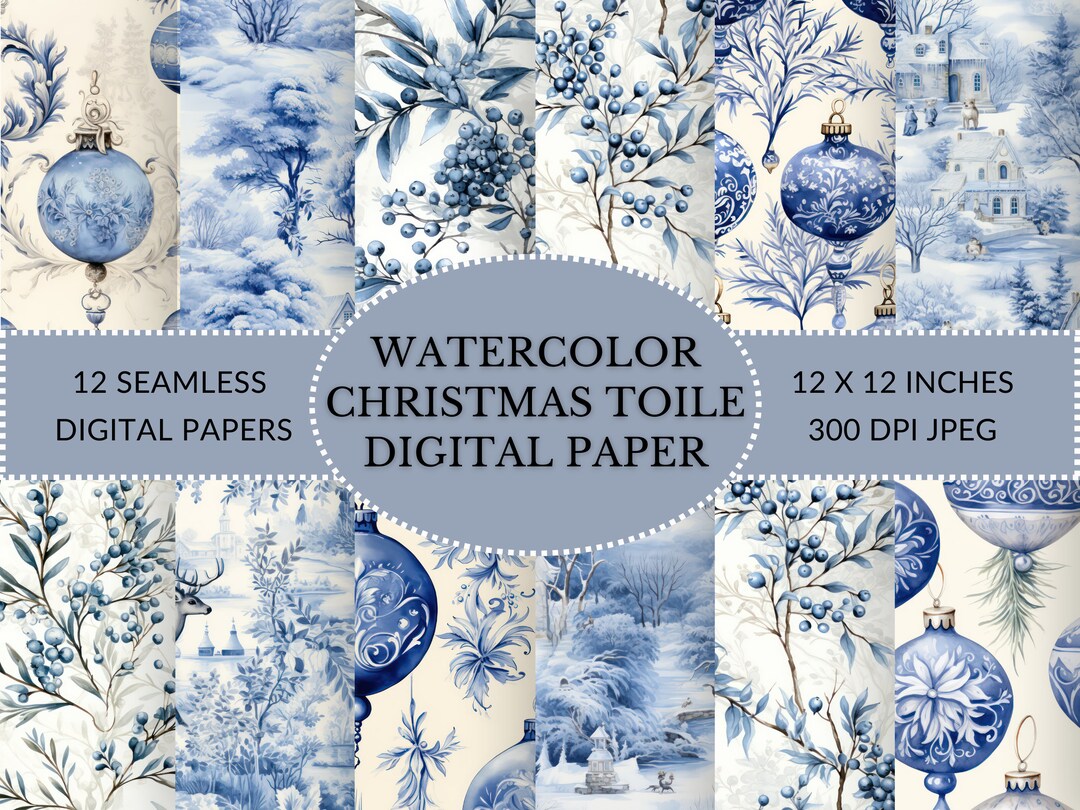 Christmas Toile Digital Paper: Blue White Seamless Patterns (digital ...