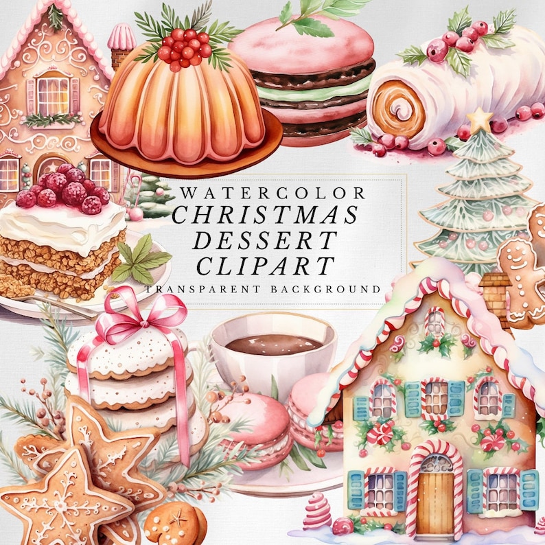 Whimsical Watercolor Pastel Christmas Dessert Clipart Set - Instant ...