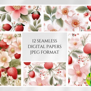 Strawberry Floral Watercolor Digital Paper: Seamless Fruit Motifs ...