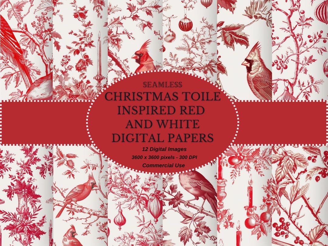 Christmas Toile Digital Paper: Red and White Flora (digital Download ...