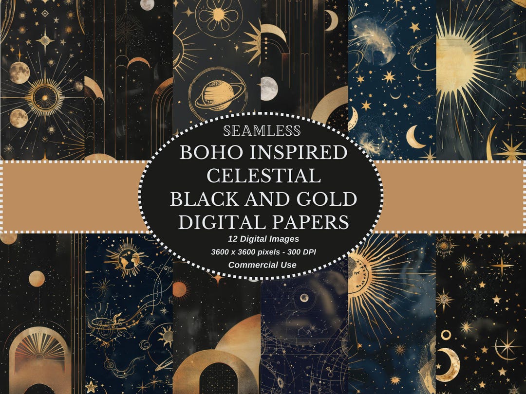 Celestial Gold and Black Digital Papers | Elegant Boho Inspired Designs ...