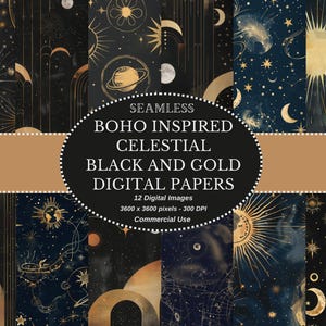 Celestial Gold and Black Digital Papers | Elegant Boho Inspired Designs ...