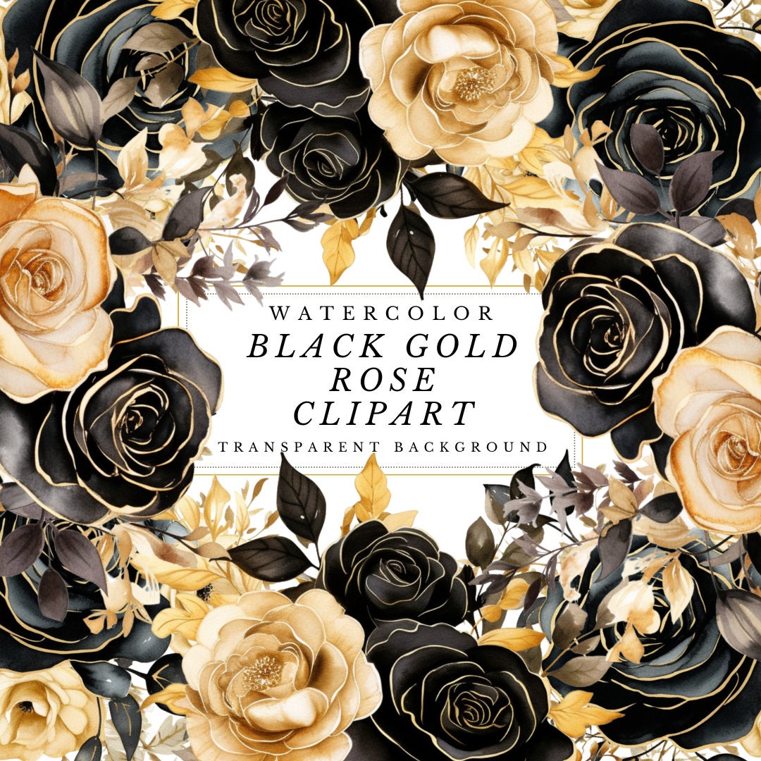 Watercolor Black Gold Rose Clipart, Black and Gold Rose Bouquet Clipart ...