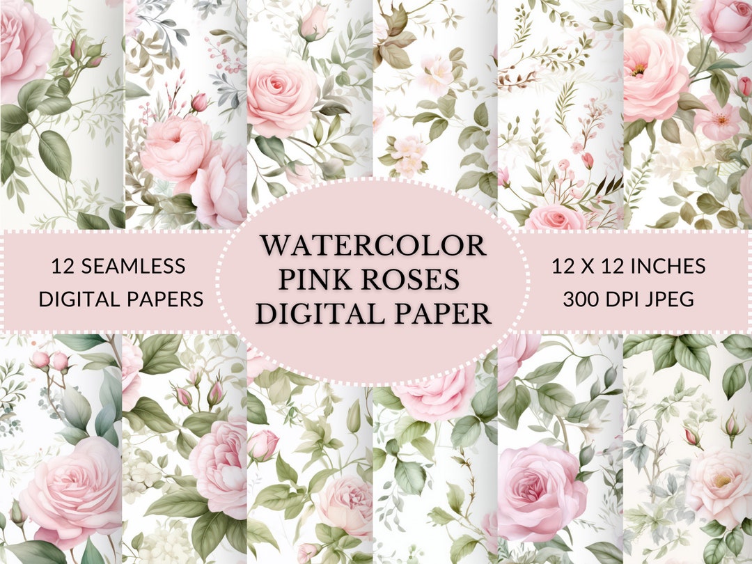 Watercolor Pink Roses Digital Paper: Elegant Damask Patterns (JPEG ...