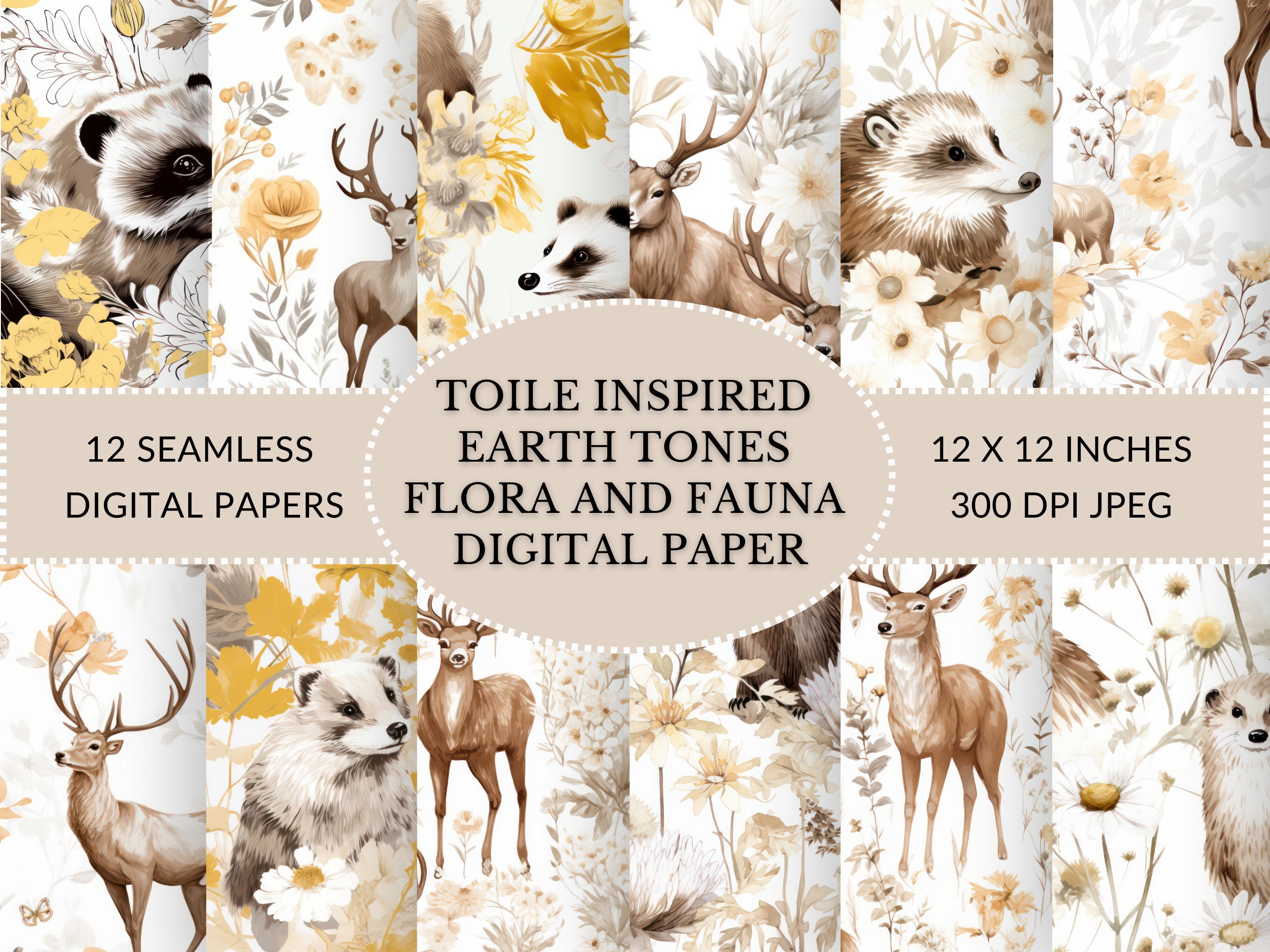 TOILE Inspired Earth Tones and White Floral and Fauna Digital Papers ...