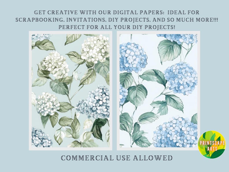 Vintage Toile Hydrangea Digital Paper: Pale Blue Floral (digital ...