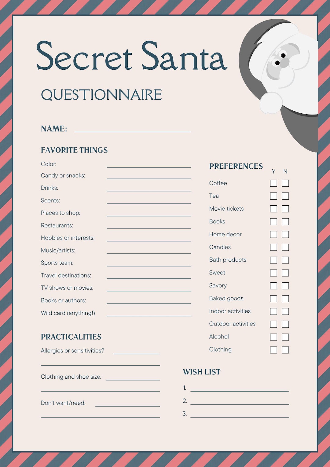 Printable Secret Santa Questionnaire and Checklist Festive and Fun Christmas Gift Exchange PDF ...
