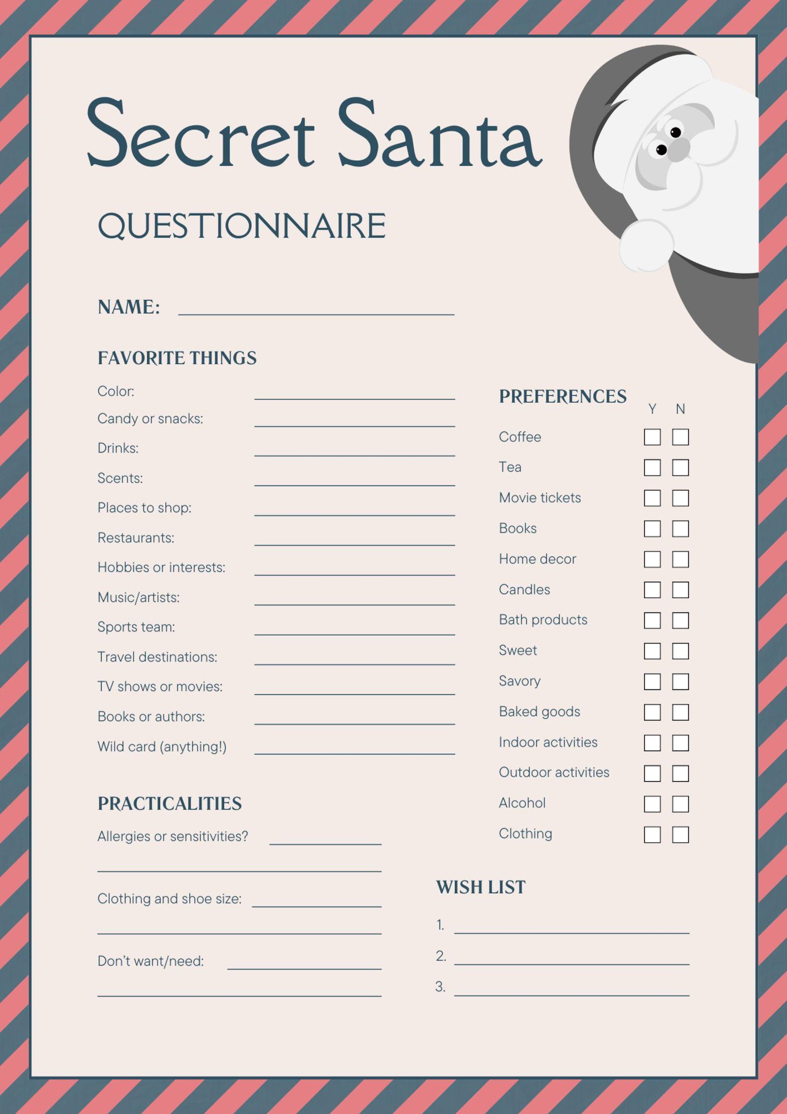 Printable Secret Santa Questionnaire and Checklist Festive and Fun ...