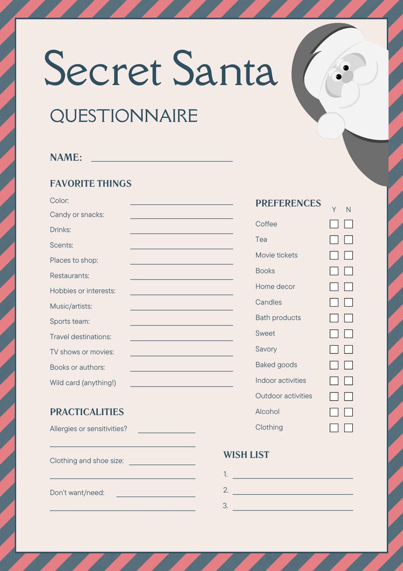Printable Secret Santa Questionnaire and Checklist Festive and Fun ...