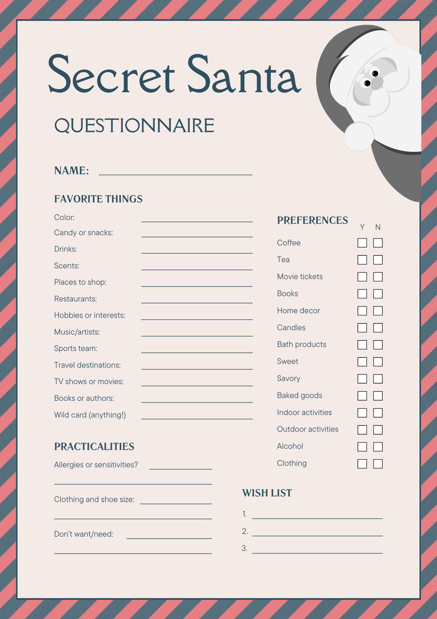 Printable Secret Santa Questionnaire and Checklist Festive and Fun Christmas Gift Exchange PDF ...