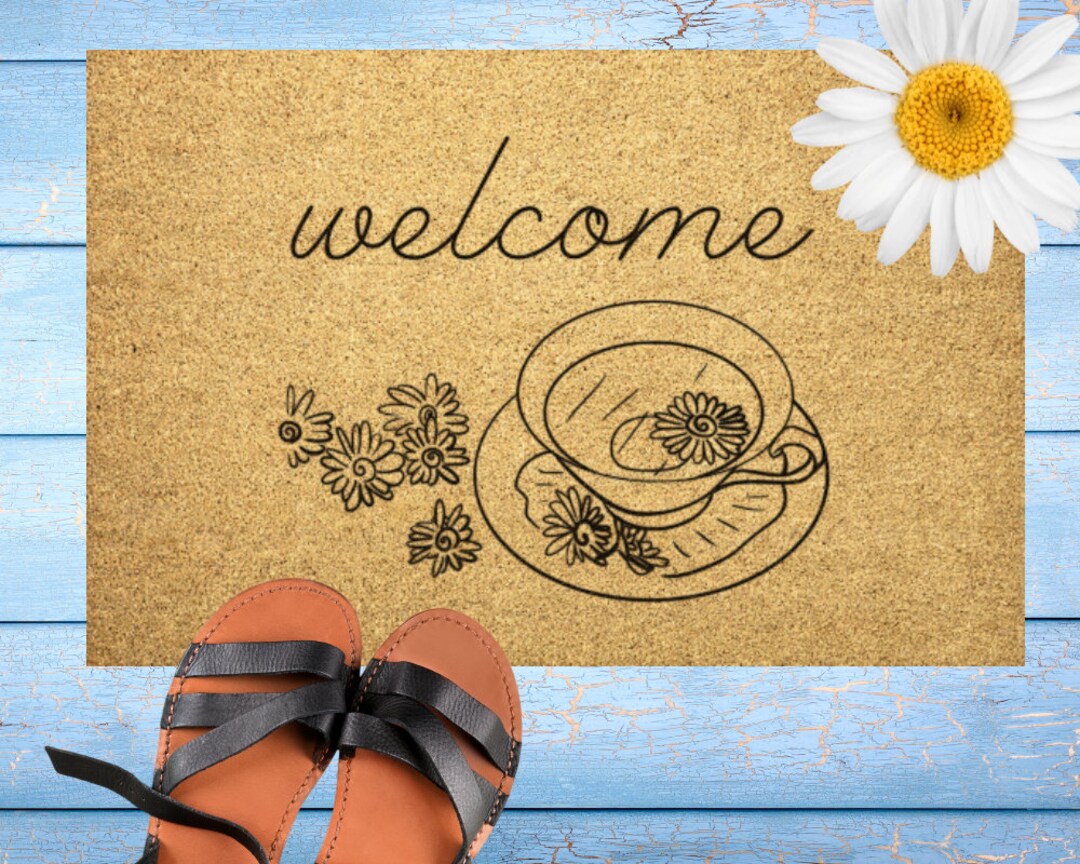 Cute Welcome Mat - Cottagecore Decor, Tea Cup Doormat, Flowers, Coir ...