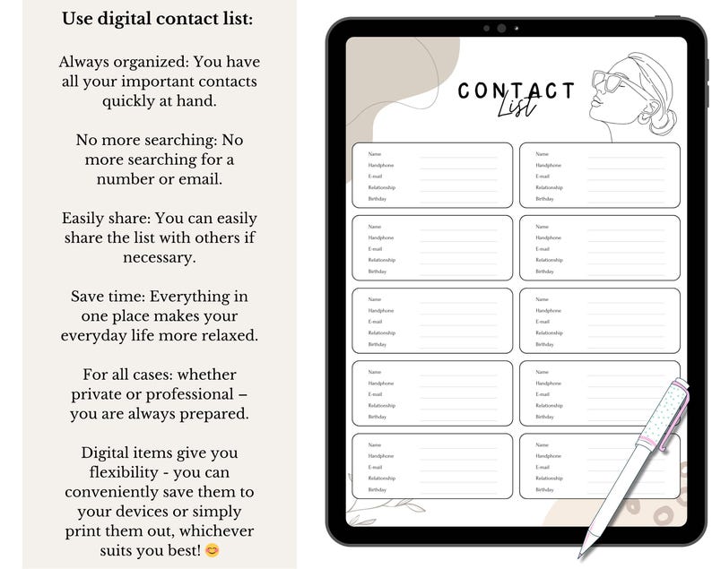 Contacts List Printable, Address Book, Contact Information, Contact ...