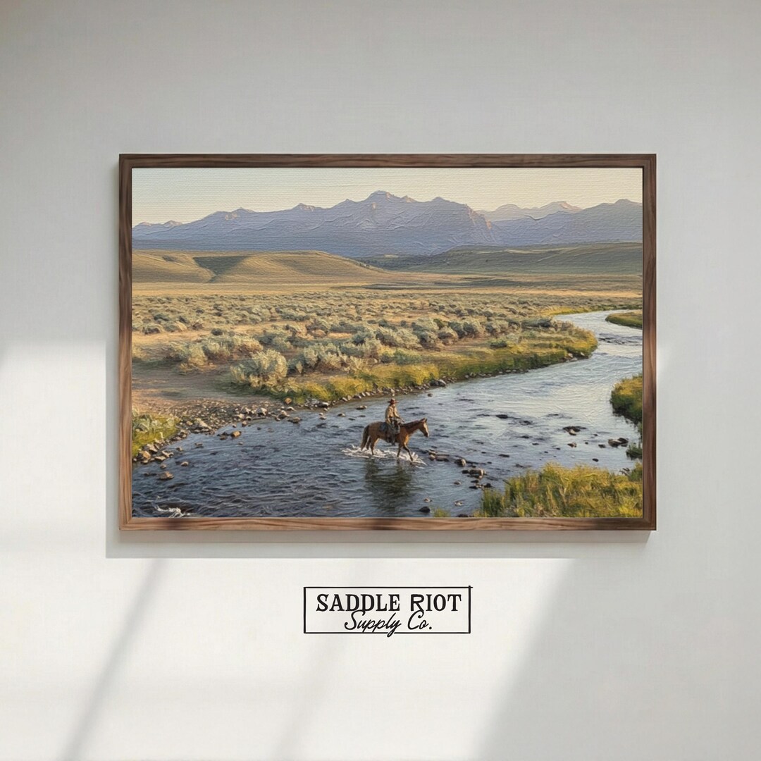 Cowboy River Crossing Print, Western Horse Wall Art, Rustic Mountain ...