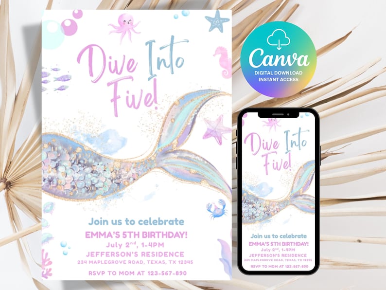 Dive Into Five Mermaid Under the Sea Digital Birthday Party Invitation ...