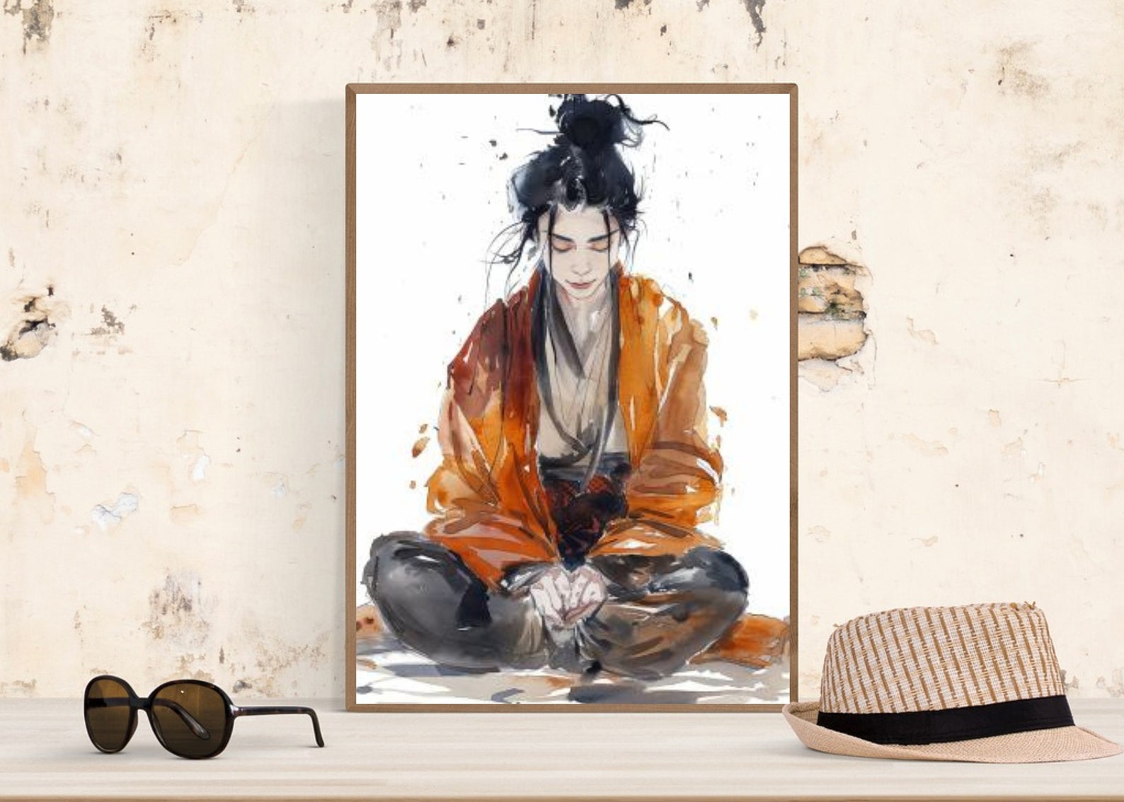 Oriental Lady Wall Decor Zen Meditation Woman Brown Orange Canvas Print ...