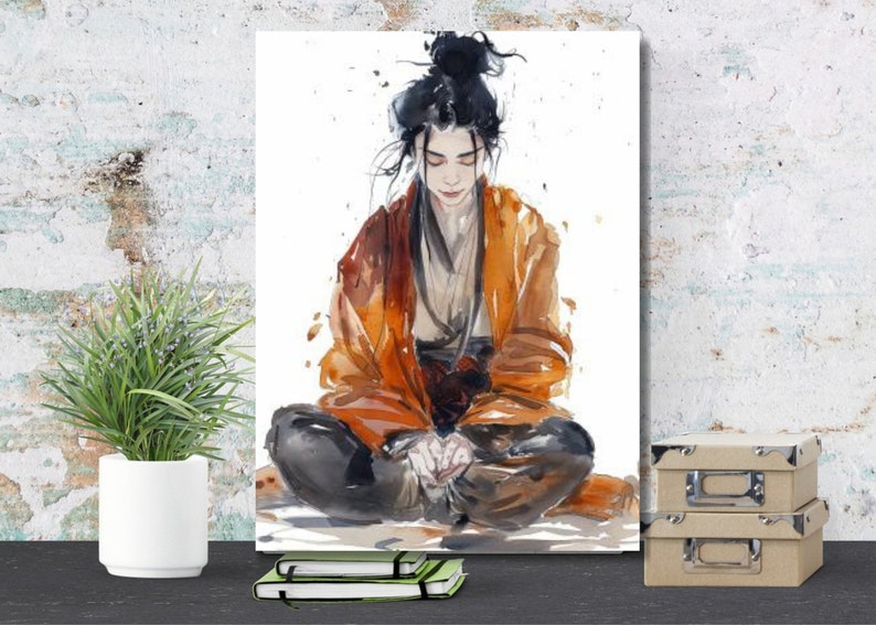 Oriental Lady Wall Decor Zen Meditation Woman Brown Orange Canvas Print ...