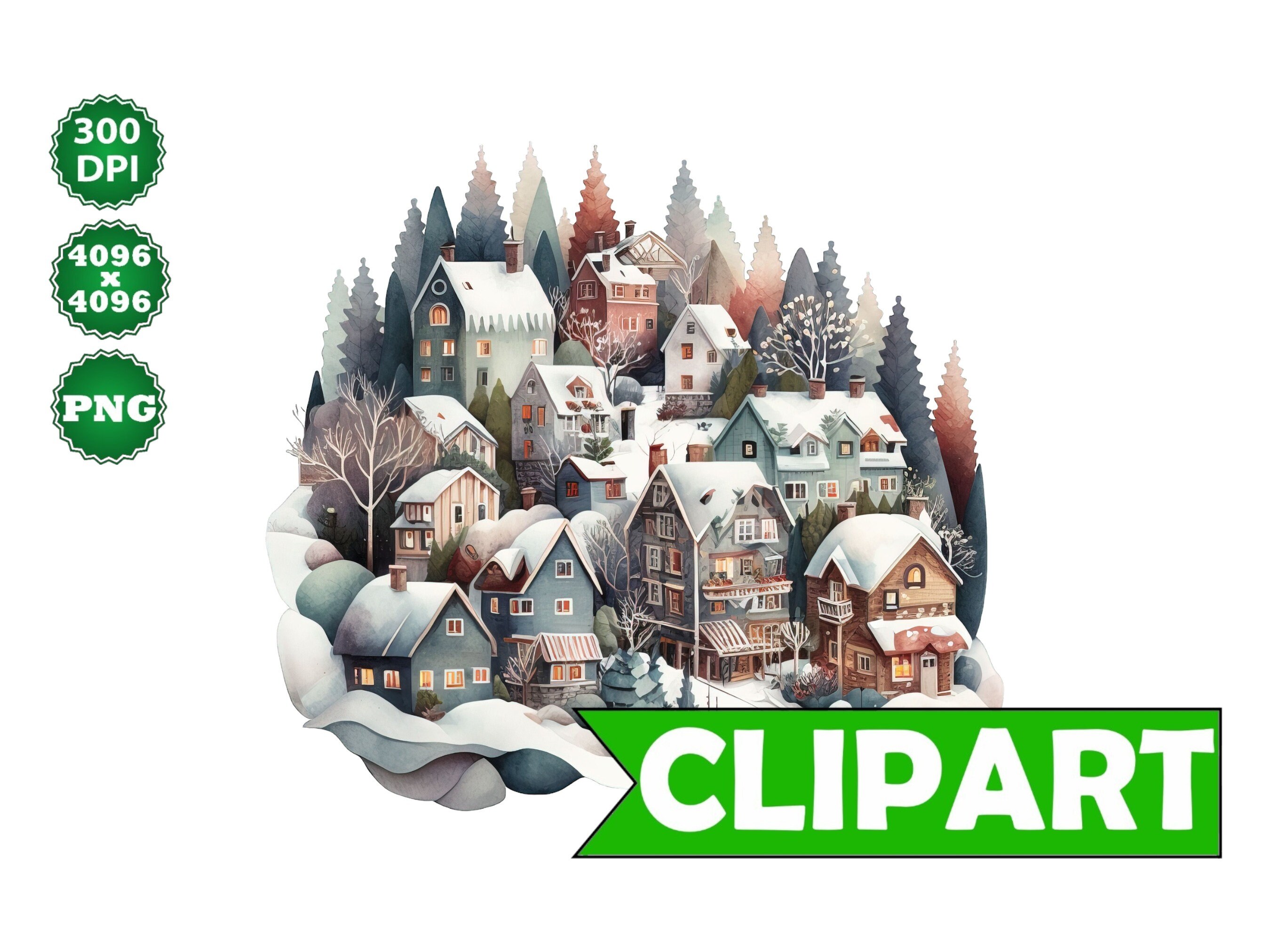 Watercolor Clipart Winter Village Card Making Junk Journal - Etsy