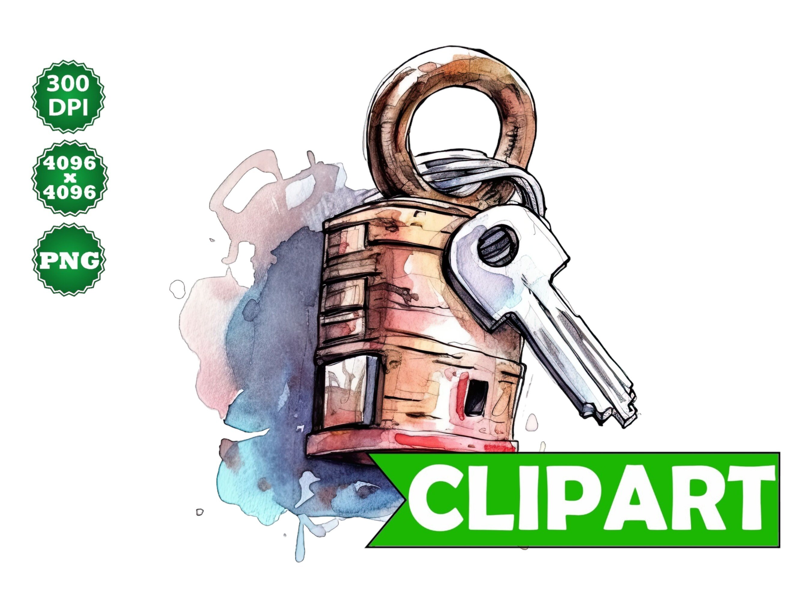 Watercolor Clipart Lock With Key Card Making Junk Journal - Etsy