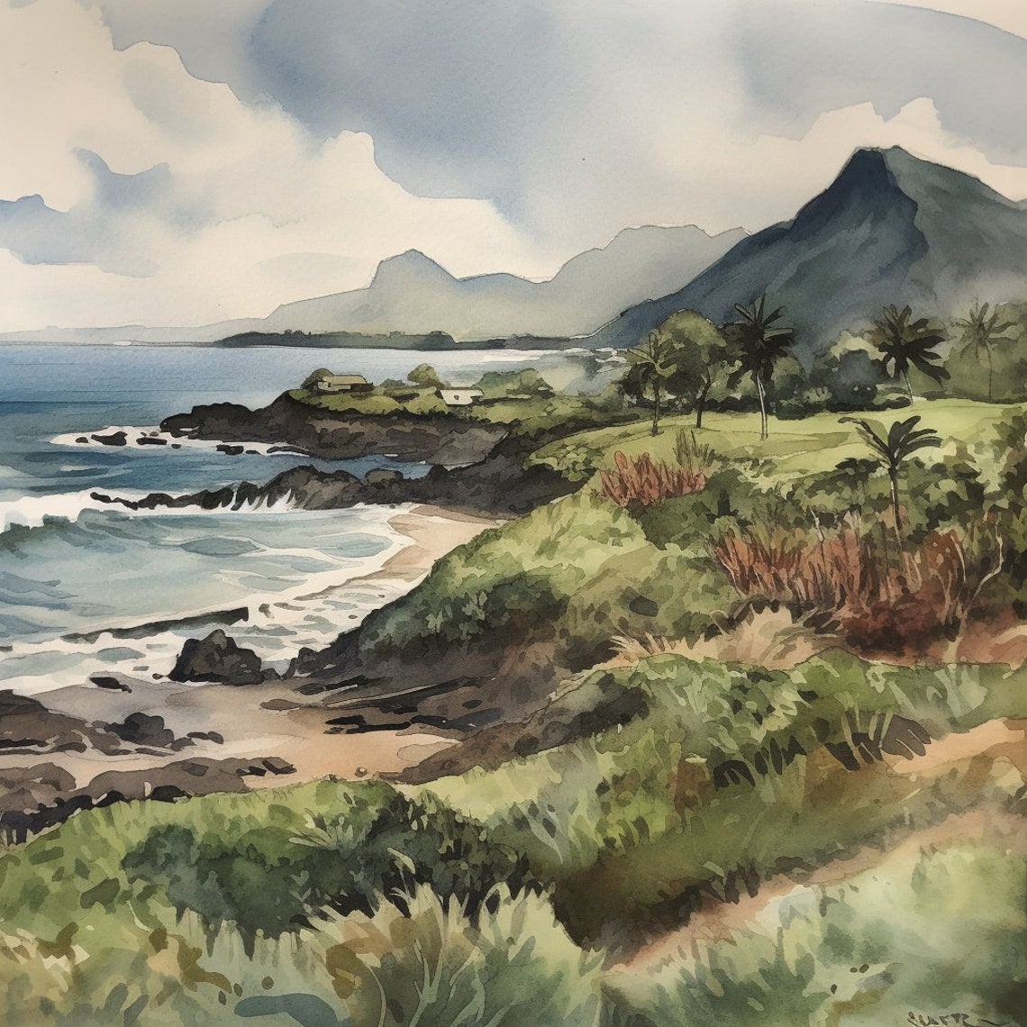 Hawaii Landscape Watercolor - Etsy