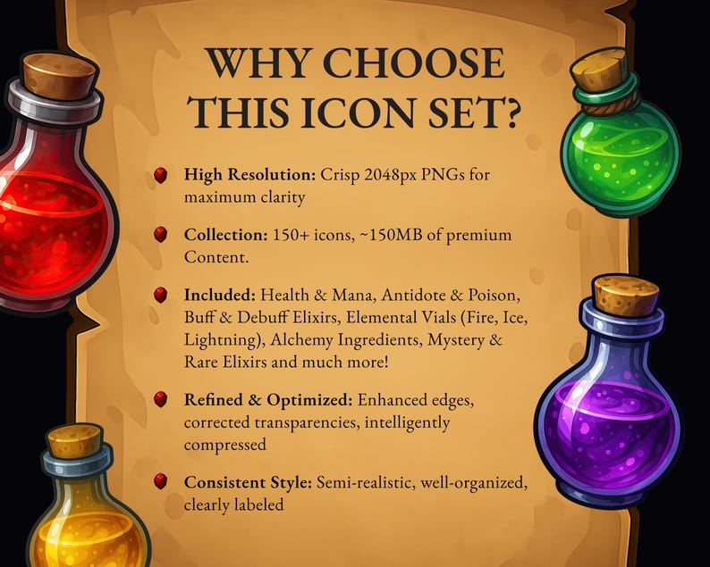 150+ Potion Icons – Dark Fantasy Potions and Elixirs (PNG 2048 Px) for ...