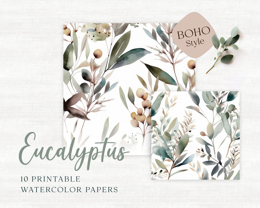 Watercolor Eucalyptus Digital Paper Set, Printable Boho Greenery ...
