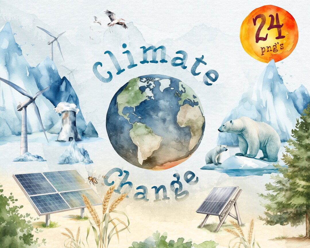 24 Watercolor Climate Change Graphics: Renewable Energy Clipart, Polar ...