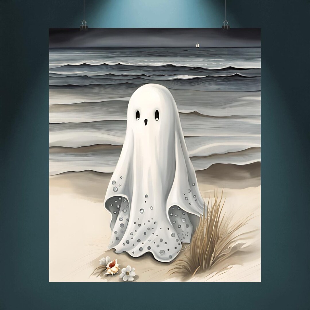 Coastal Halloween Fall Ghost Poster, Beachy Wall Art, Seashell Ghostie ...