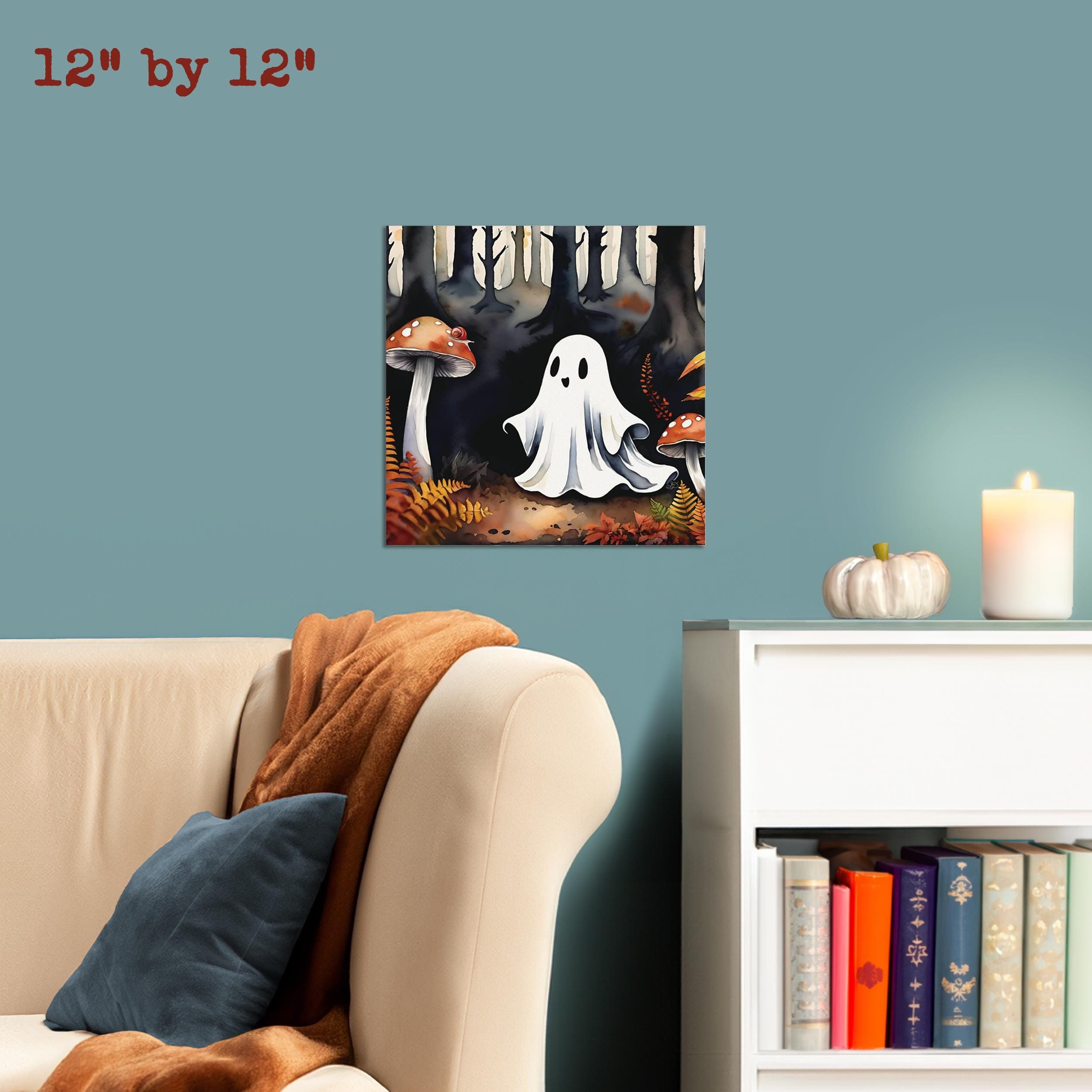 Square Halloween Ghost Poster, Dark Cottage Core Fall Watercolor Paper ...
