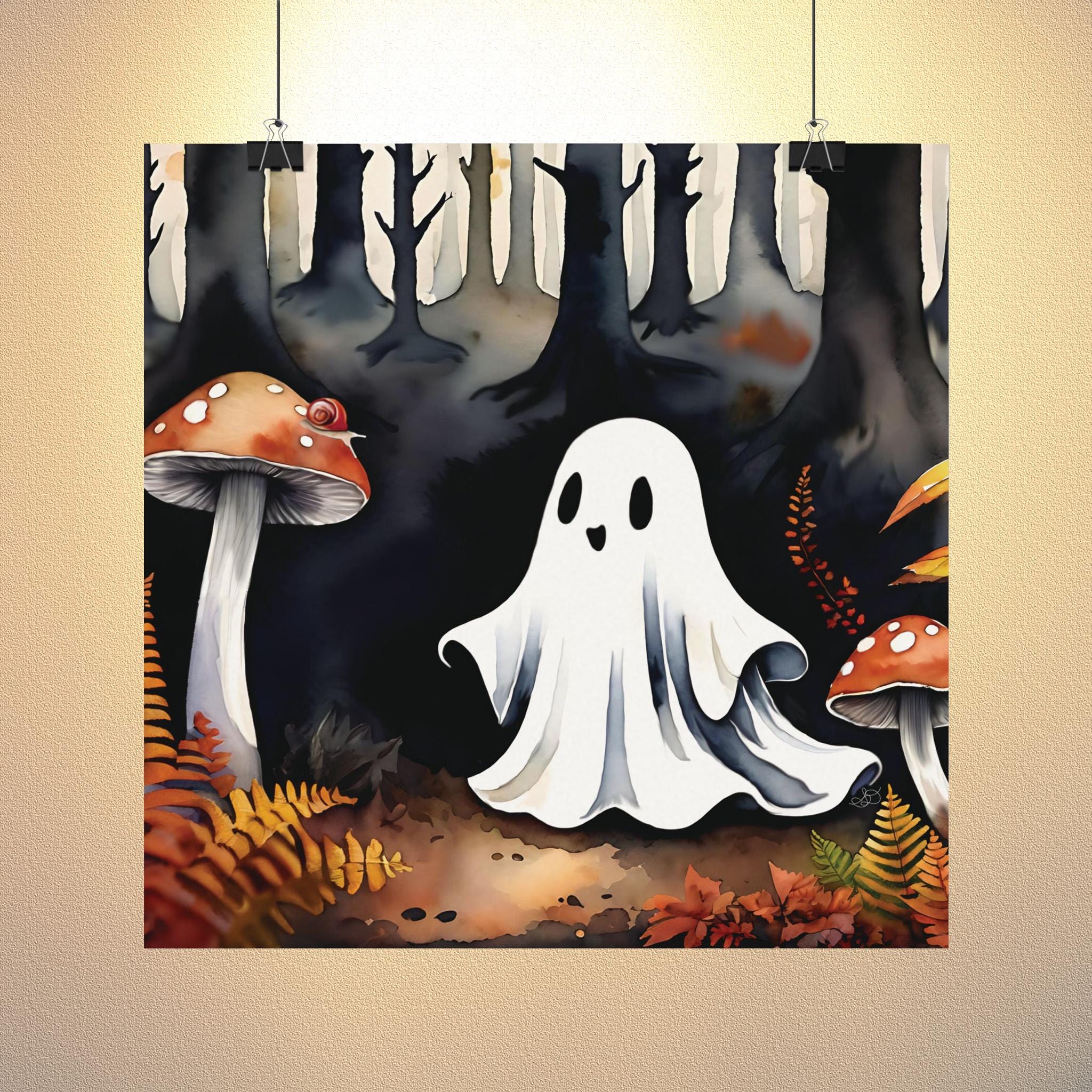 Square Halloween Ghost Poster, Dark Cottage Core Fall Watercolor Paper ...