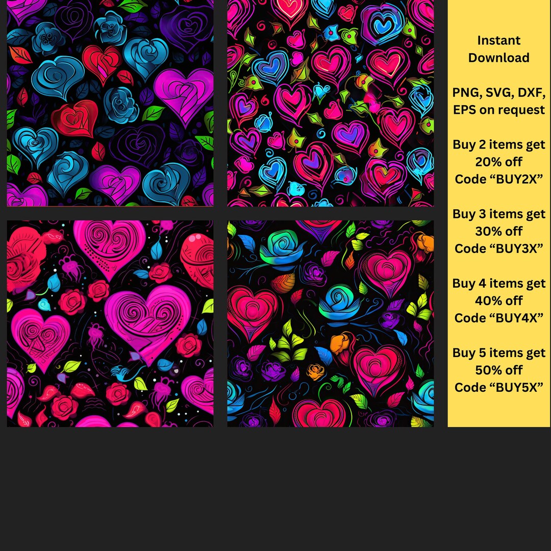 Neon Hearts Roses Seamless Clipart Images Png Svg Vector - Etsy