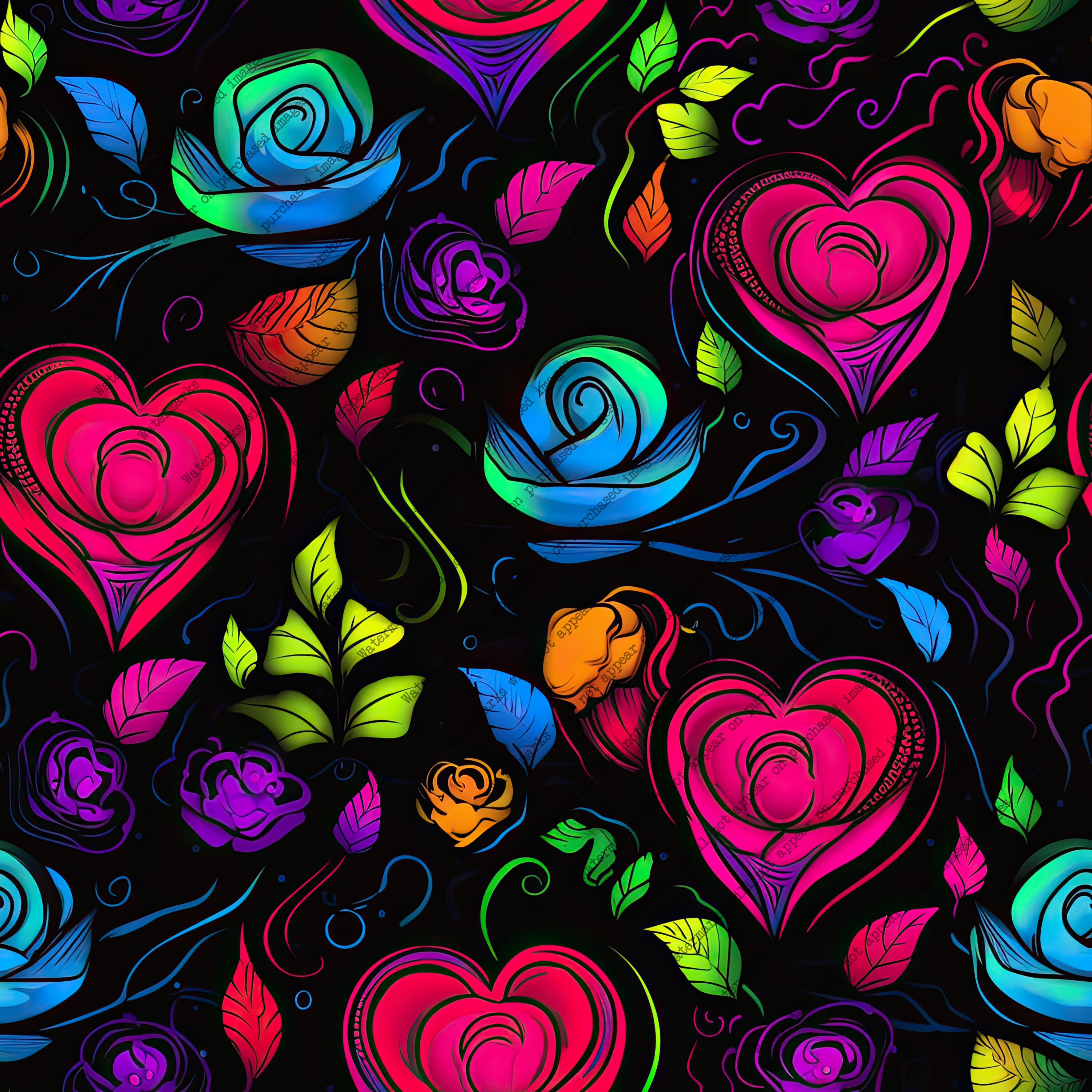 Neon Hearts Roses Seamless Clipart Images Png Svg Vector - Etsy