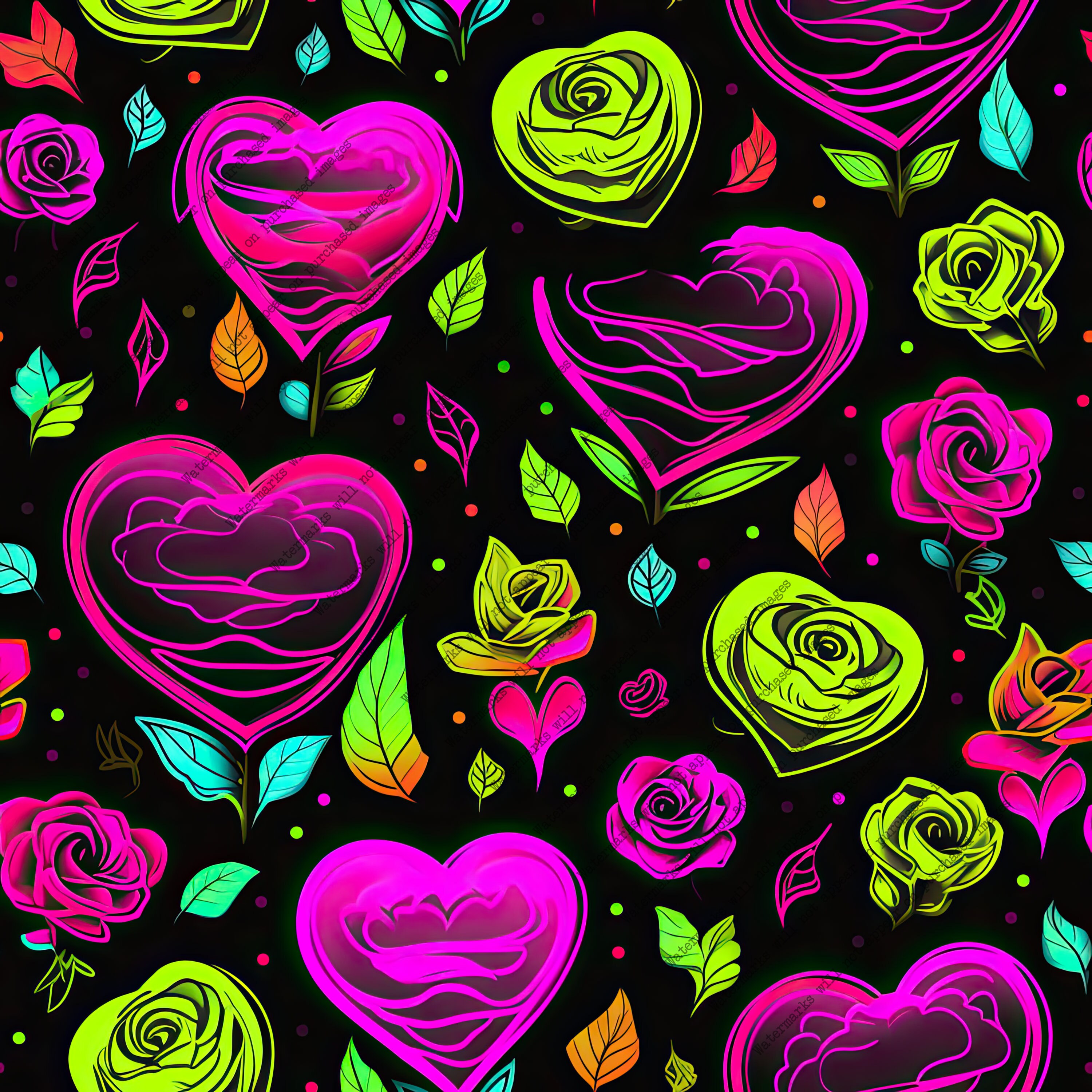 Neon Hearts Roses Seamless Clipart Images Png Svg Vector - Etsy
