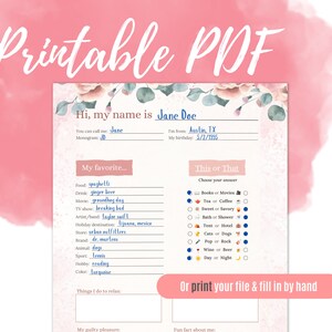 All About Me My Favorite Things List Printable Editable PDF Template ...