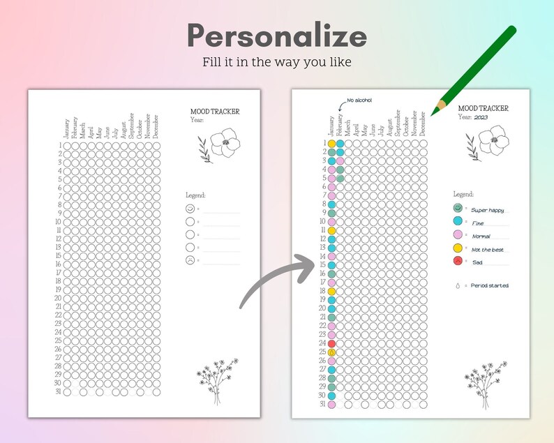 Daily Mood Tracker Printable | Yearly Mood Journal | Color in Mood ...
