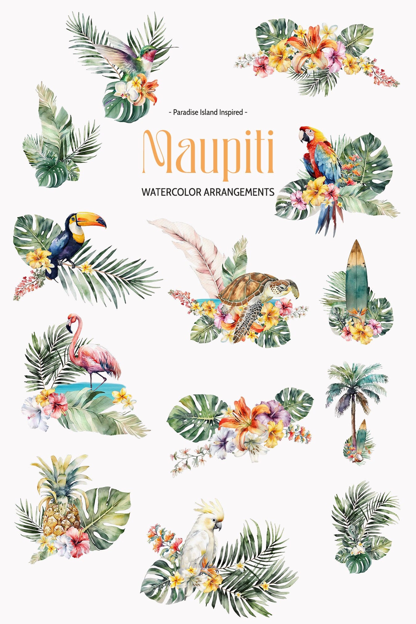 62 Tropical Watercolor Clipart Island Clipart DIY Elements Tropical ...