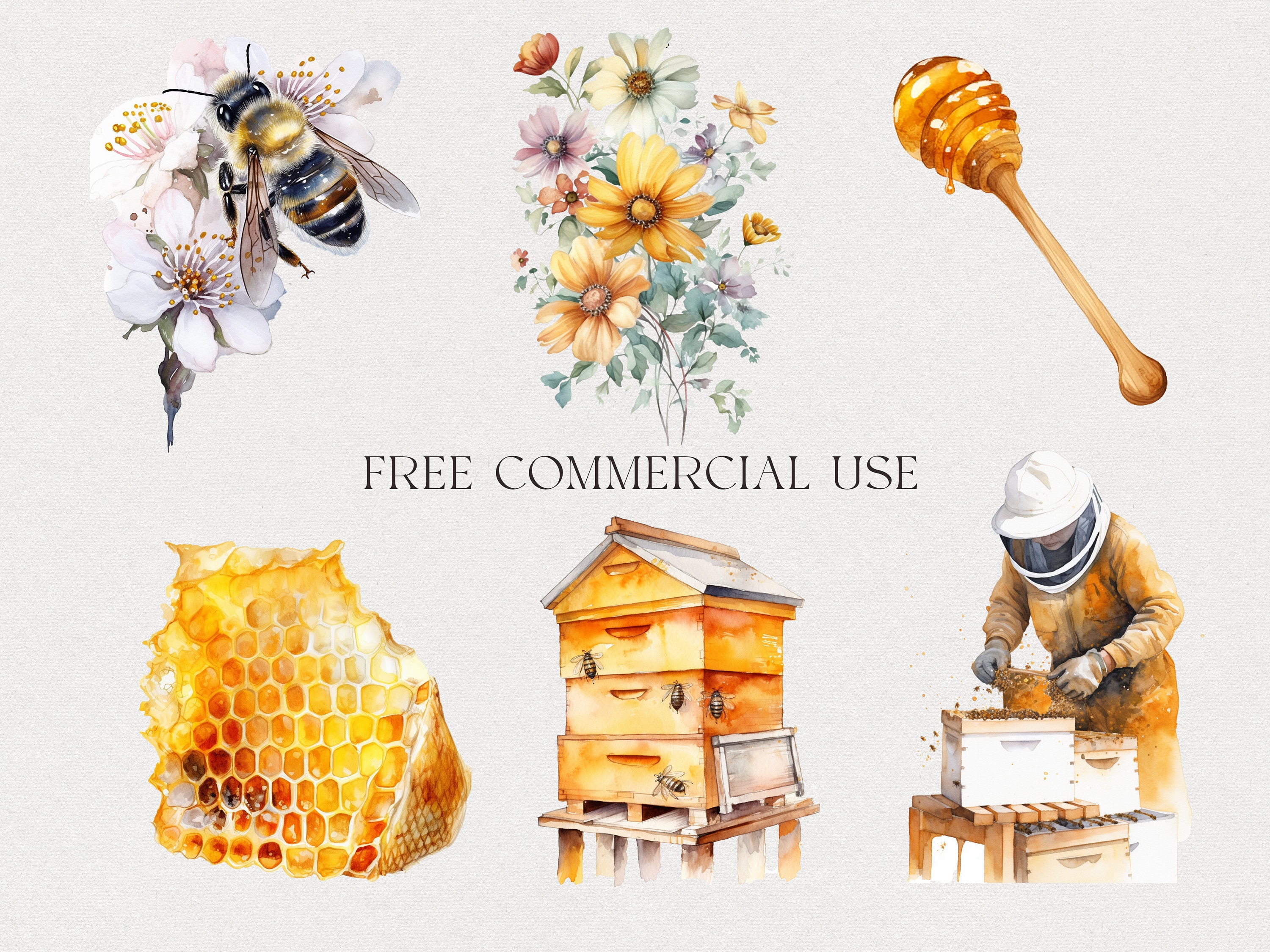 30 Watercolor Honey Bee Clipart, Spring Garden Bee, Honey Drips, PNG ...