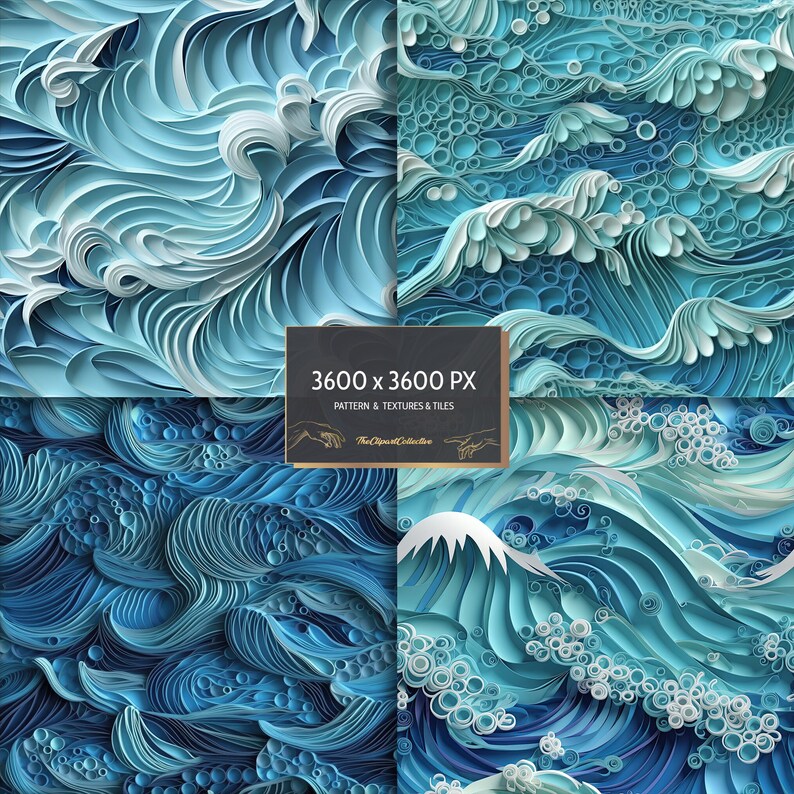12 3D Seamless Water Pattern and Aquatic Animal, Paper Cut Wave, Paper ...