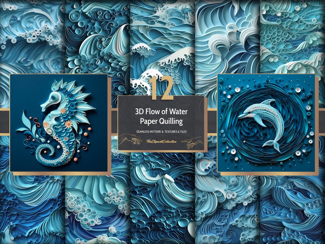 12 3D Seamless Water Pattern and Aquatic Animal, Paper Cut Wave, Paper ...