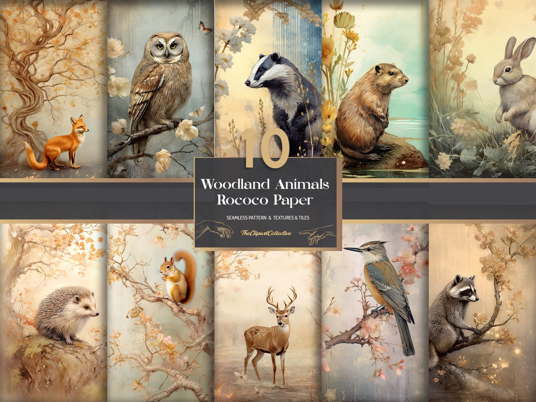 10 Woodland Animals Rococo Journal Paper, Woodland Animal Scrap Journal ...