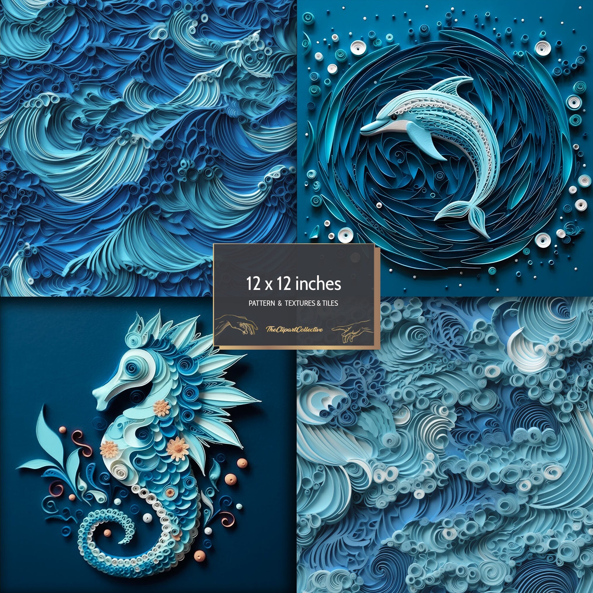 12 3D Seamless Water Pattern and Aquatic Animal, Paper Cut Wave, Paper ...