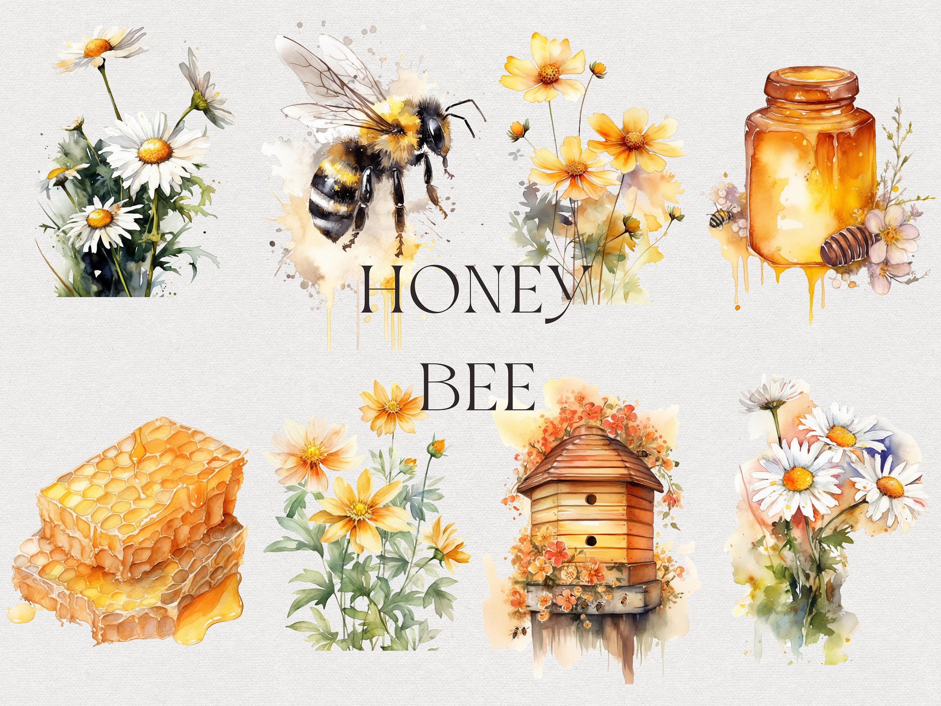 30 Watercolor Honey Bee Clipart, Spring Garden Bee, Honey Drips, PNG ...
