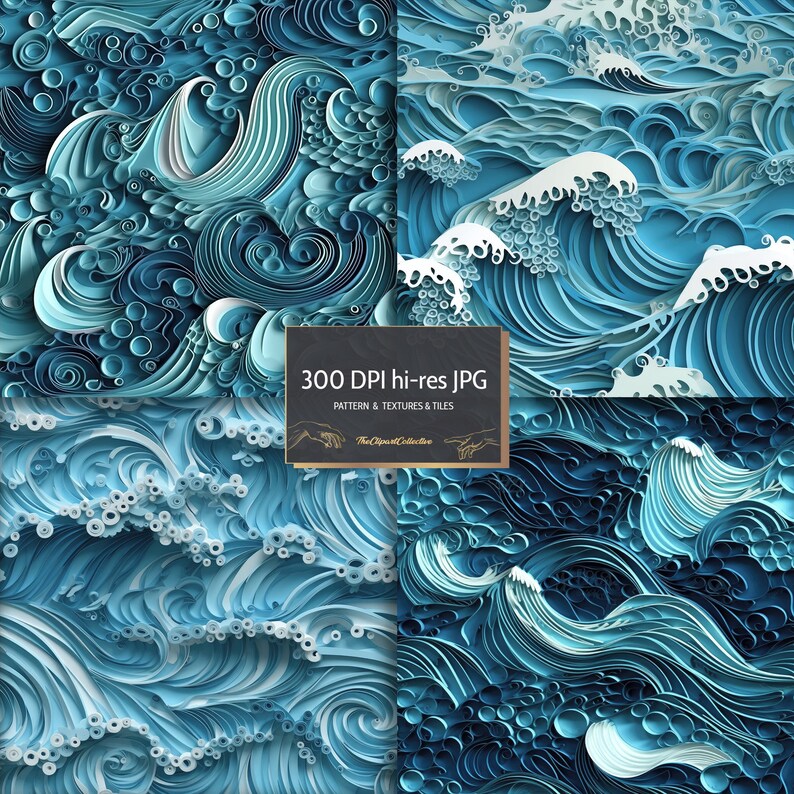 12 3D Seamless Water Pattern and Aquatic Animal, Paper Cut Wave, Paper ...