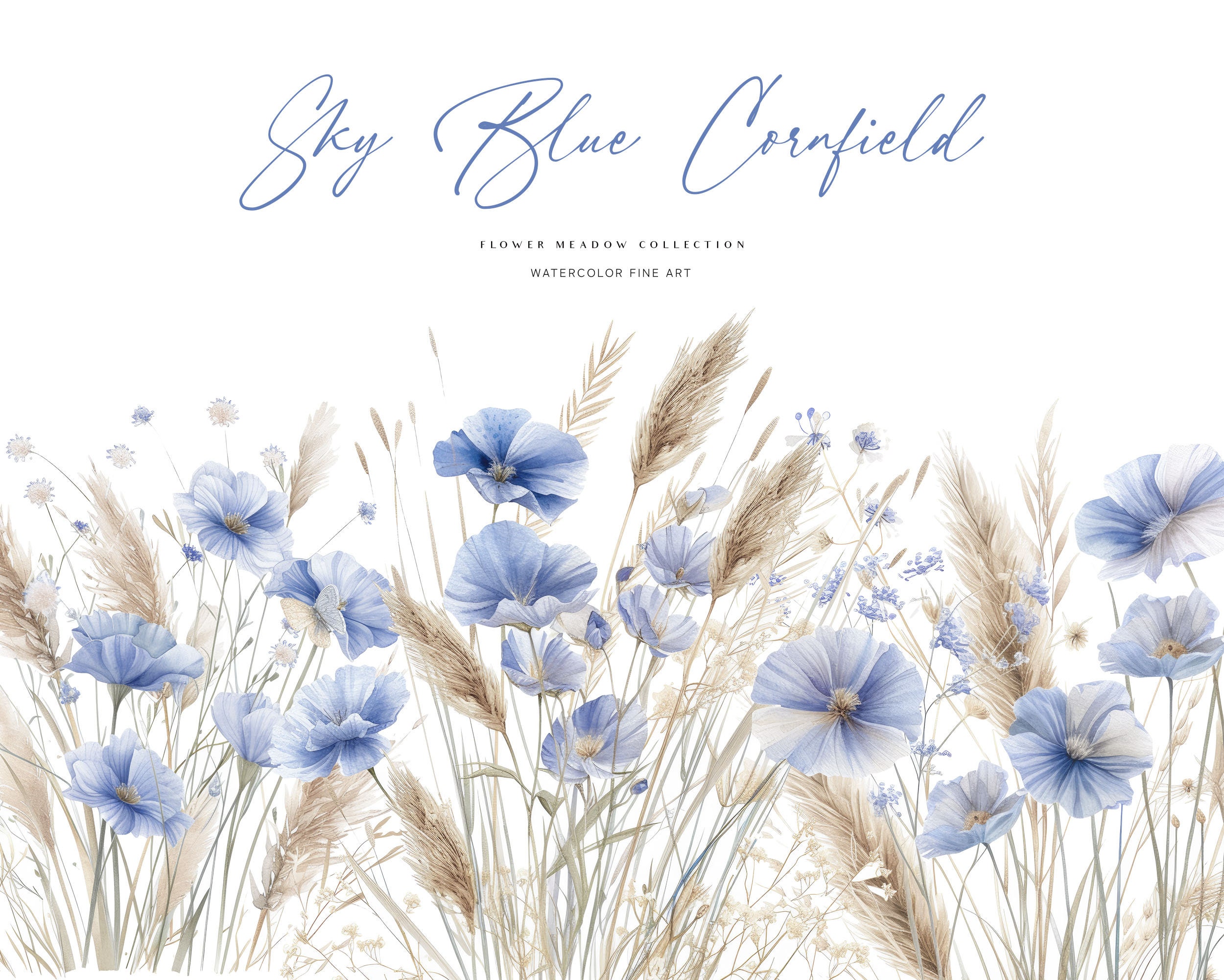 Watercolor Sky Blue Meadow Border Cornfield Meadow Clipart Floral ...