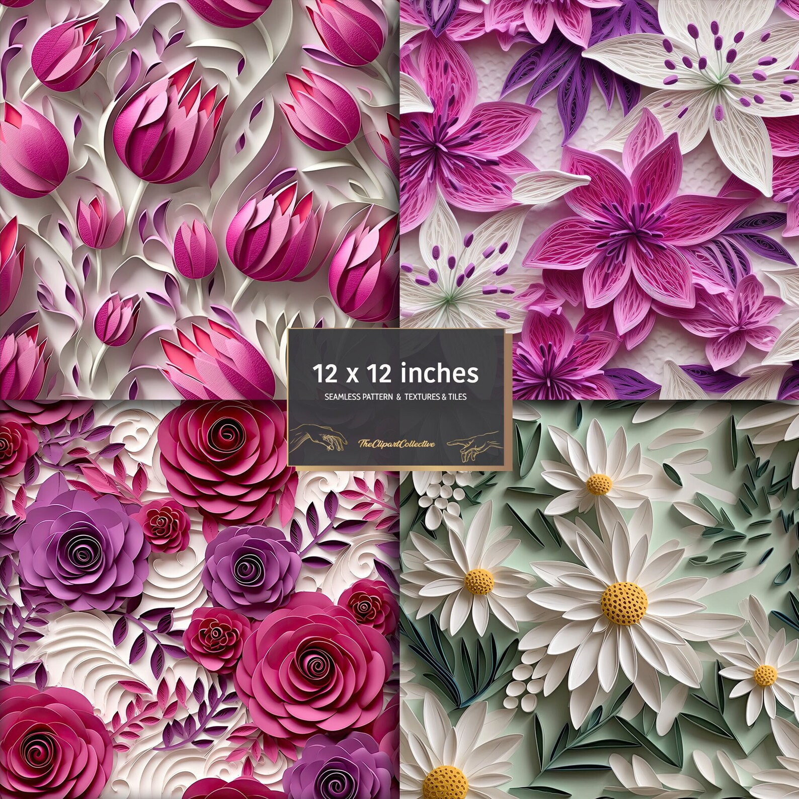 10 Paper Quilled 3D Flowers Seamless Pattern Paper Cut - Etsy