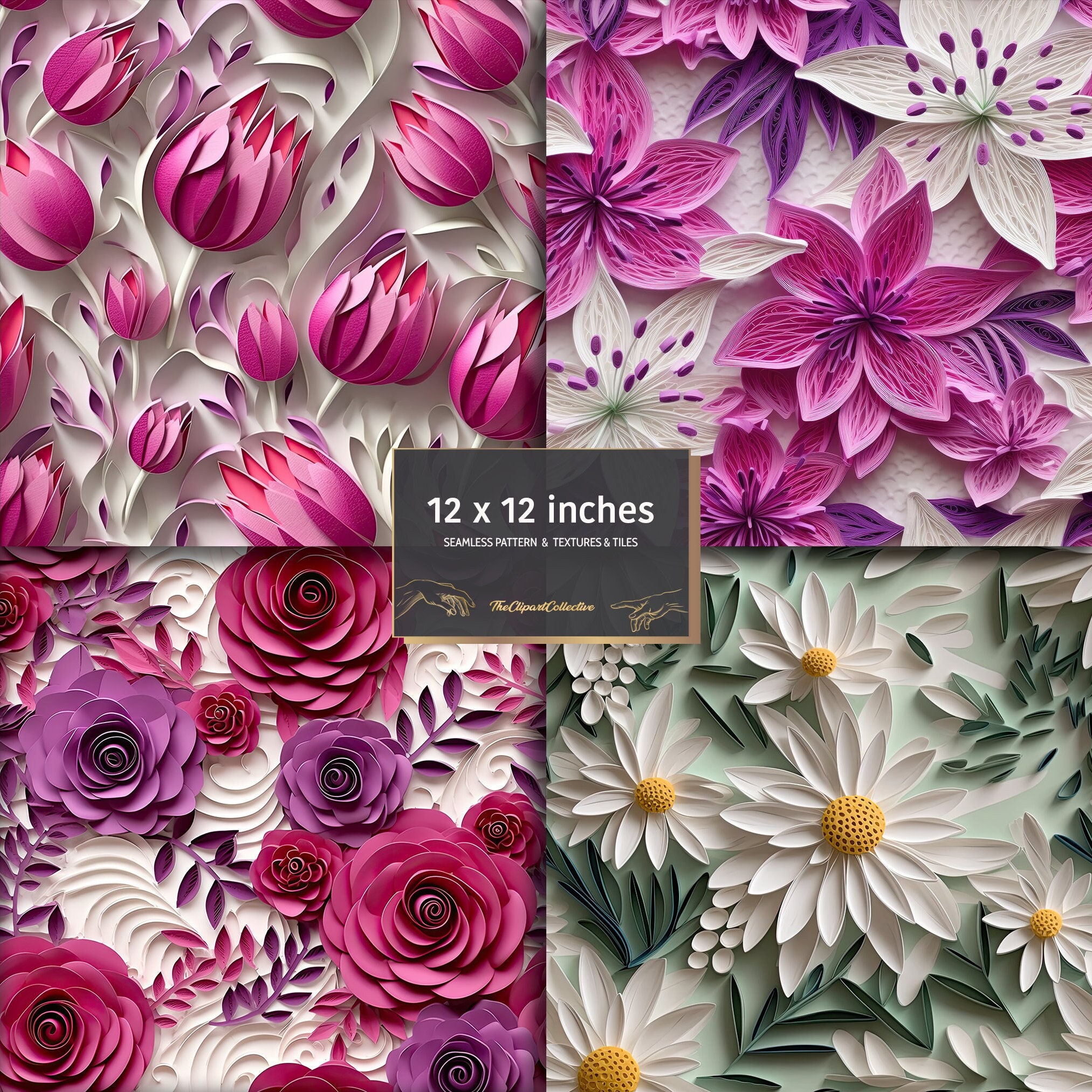 10 Paper Quilled 3D Flowers Seamless Pattern, Paper Cut Flowers , Paper ...